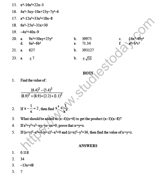 CBSE Class 8 Maths Algebraic Expressions and Identities Question Bank CBSE Class 8 Maths Algebraic Expressions and Identities Question Bank
